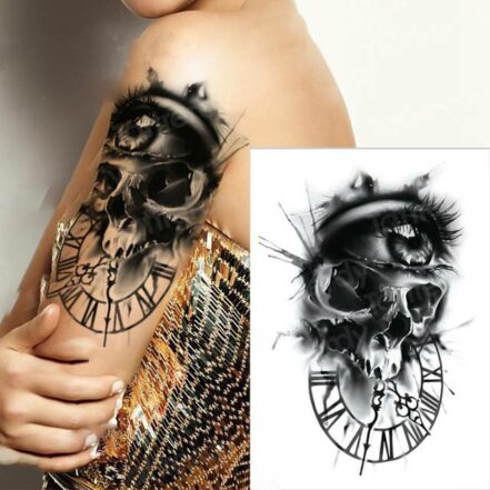 Mens Large Greek Skull Tattoo Design Body Stickers With Clock Detail ...