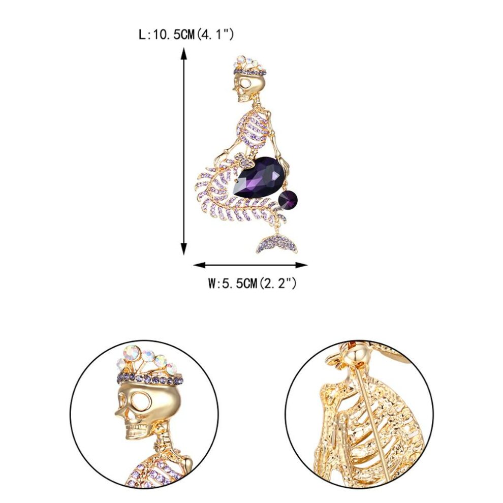Gold Crystal Skull Brooch Unisex Skeleton Pin Mermaid Crown For Parties ...