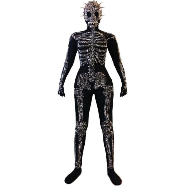Adult Skeleton Print Rhinestone Stage Costume For Party Cosplay Shows ...